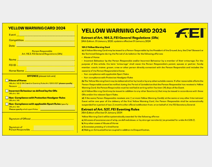 FEI Issues Two Yellow Warning Cards to Dressage Riders for Abuse of Horse