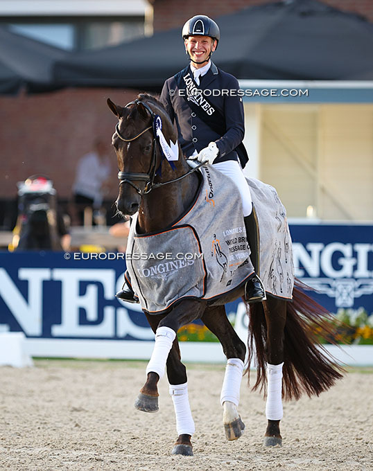 Red Viper Does the Winner's Dance in the 5-YO Division at the 2024 World Young Horse Championships